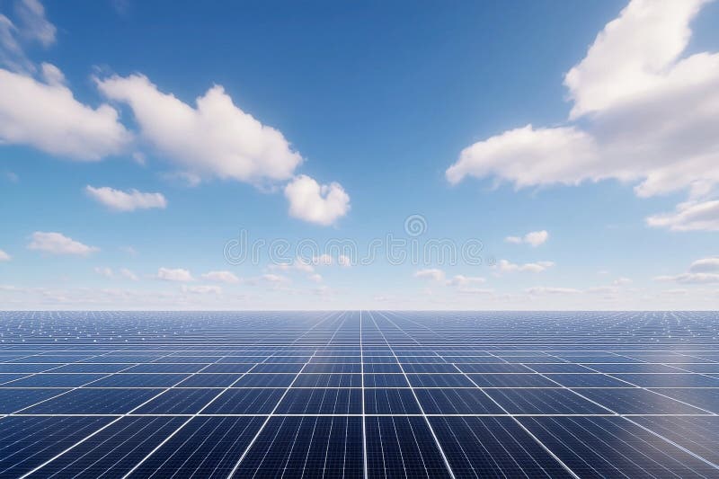 Expansive Solar Panel Array Under a Bright Blue Sky with White Puffy ...