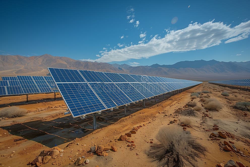 Expansive Solar Panel Array Under Clear Blue Sky in Desert Landscape ...