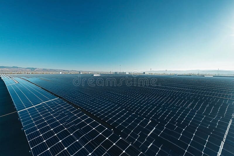 Expansive Solar Panel Array Under Clear Blue Sky Harnessing Sunlight ...