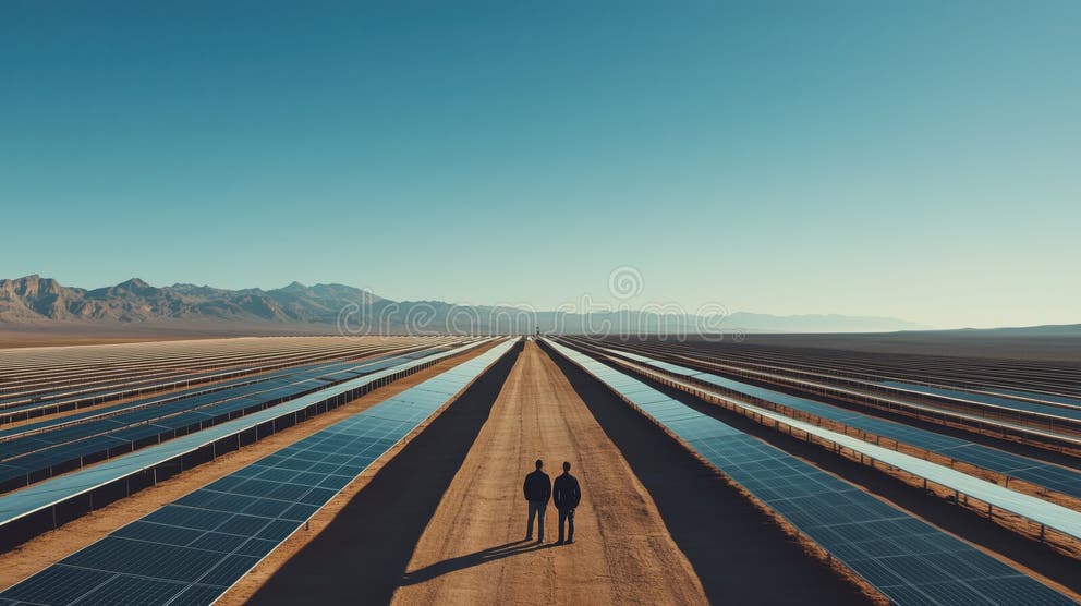 Expansive Solar Panel Array in Vast Desert Landscape with Two People ...