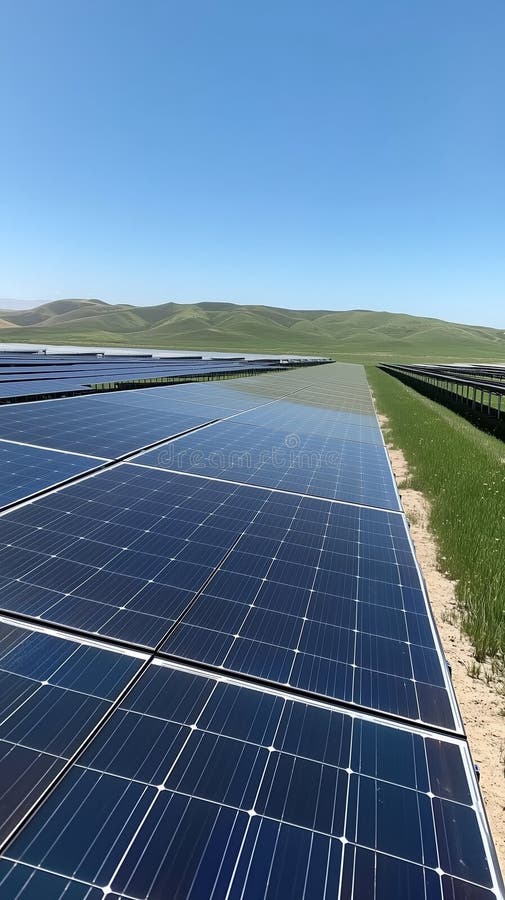Expansive Solar Panel Field Basking Under a Clear Blue Sky with Green ...