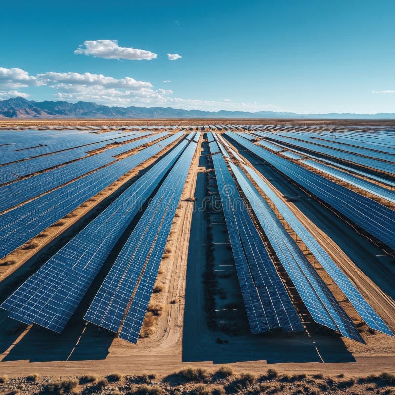 Expansive Solar Panel Field Under Clear Blue Sky in Desert Landscape ...