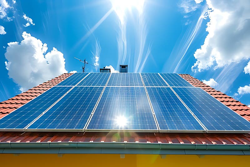 Solar Panel Array Rooftop Under Bright Blue Sky Clouds Generated Ai ...