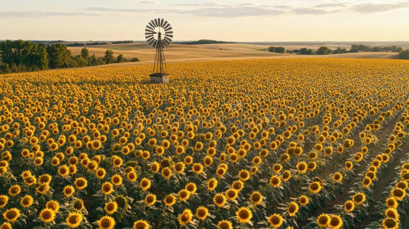 Expansive Sunflower Field with Rustic Windmill Under Sunny Sky Stock ...
