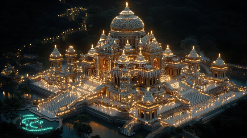 An Expansive Temple Complex Illuminated with Glowing Lights at Night ...