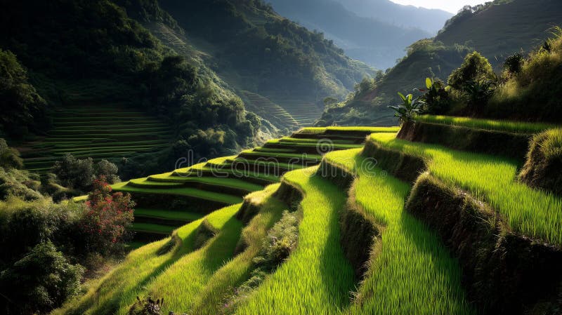 Verdant Terraced Rice Fields in Golden Morning Light Stock Illustration ...