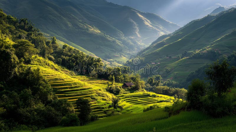 Verdant Terraced Rice Fields in Golden Morning Light Stock Illustration ...