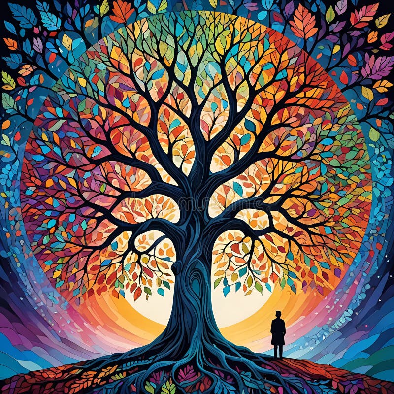 An Expansive Tree with a Vast Array of Colorful Leaves, Encircled by a ...