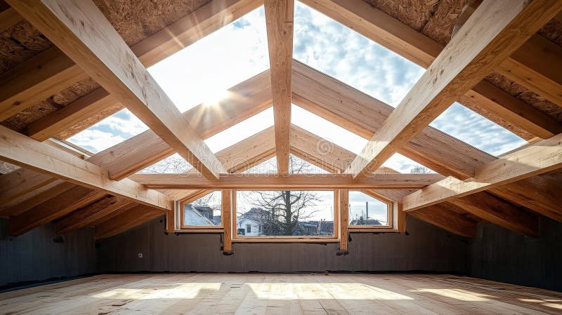 Expansive Unfinished Home Interior with Timber Beams, Natural Light ...