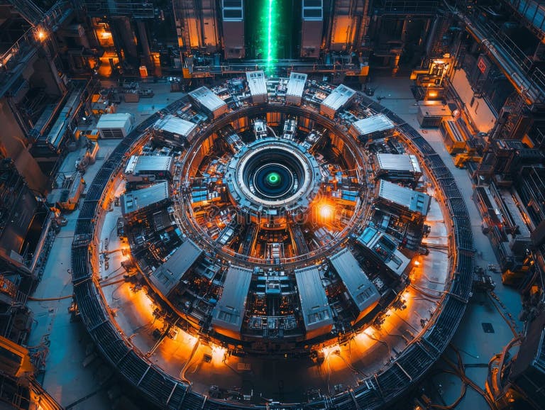 Expansive View of Advanced Particle Accelerator with Vibrant Lights ...