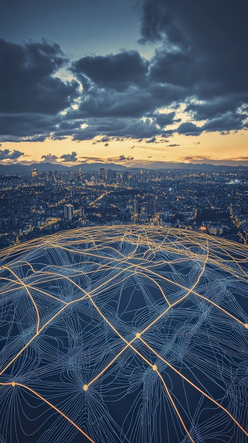 Expansive View of City with Illuminated Network Design Stock ...