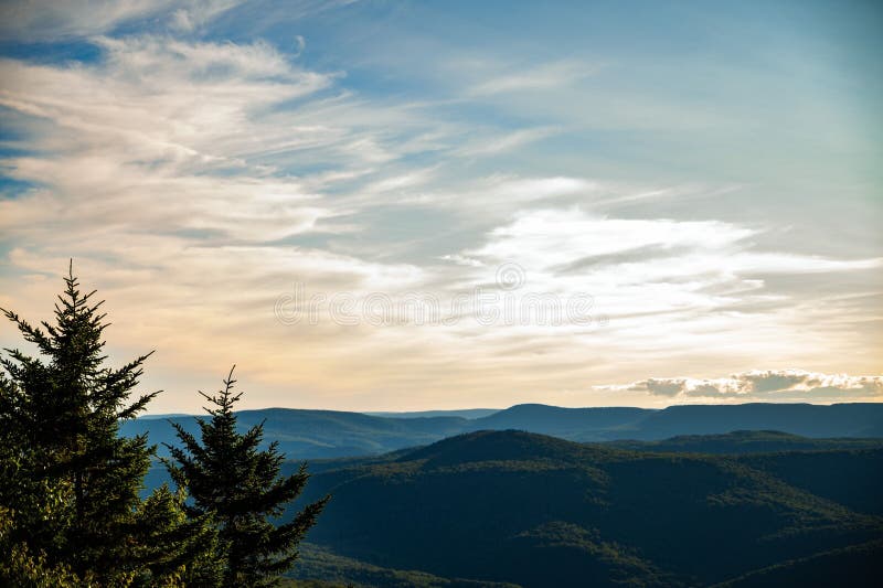 Trees on a Cliff Overlooking the Vast Sky and Mountains Below Stock ...