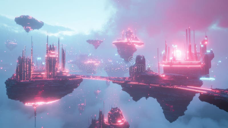 An Expansive Virtual World with Floating Islands Interconnected Stock ...