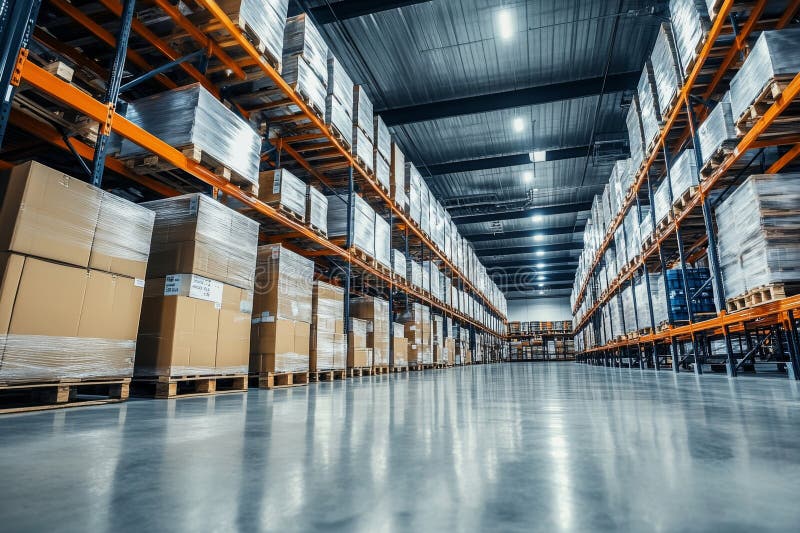 Expansive Warehouse with High Shelving and Pallets Under Bright ...
