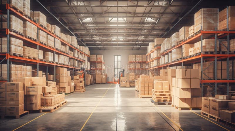 A Large Clean Warehouse with Shelves and Cardboard Boxes Stock ...