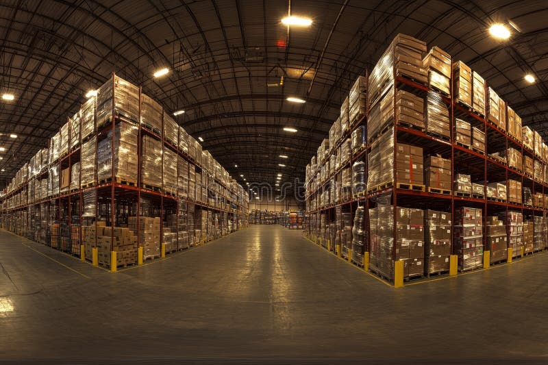 Expansive Warehouse Interior Featuring High Shelves and Bright Lighting ...