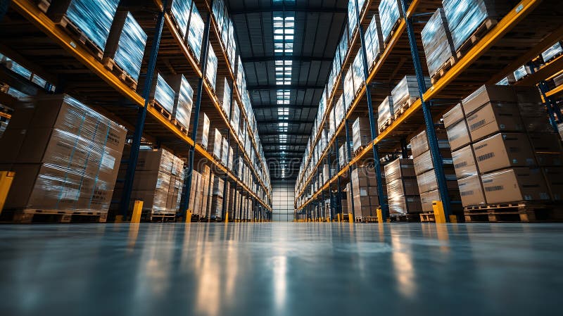 Expansive Warehouse Interior Filled with Rows of Stacked Goods Ready ...