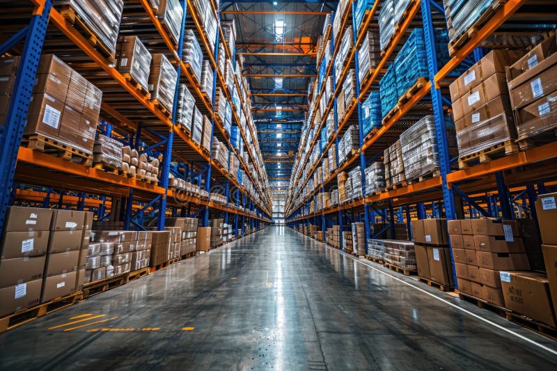 Expansive Warehouse Interior with High Stacked Shelves Stock Photo ...