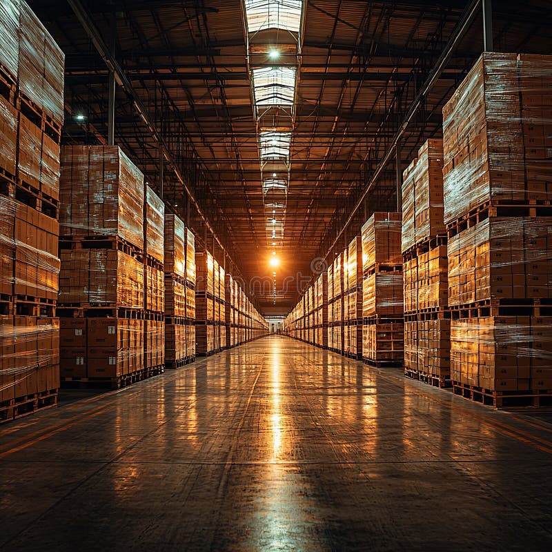 An Expansive Warehouse Interior Showcases Rows of Stacked Goods, Lit by ...
