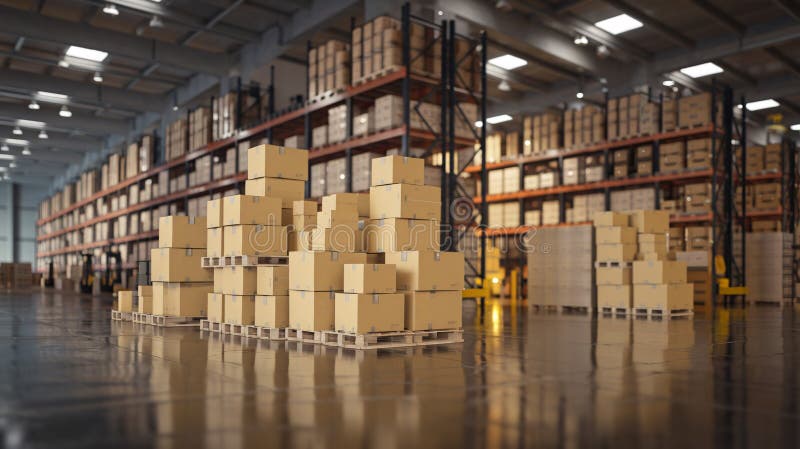 Expansive Warehouse Interior with Stacked Cardboard Boxes on Pallets ...