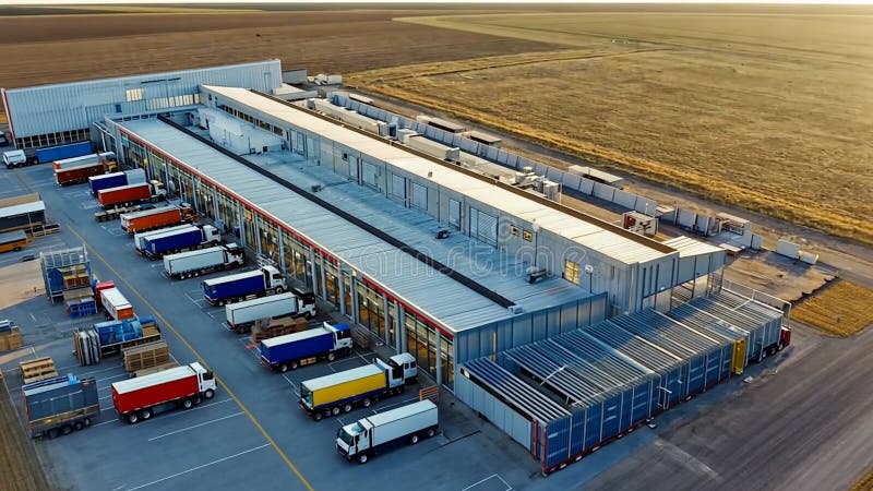 Expansive Warehouse with Multiple Trucks and Loading Docks in an Open ...