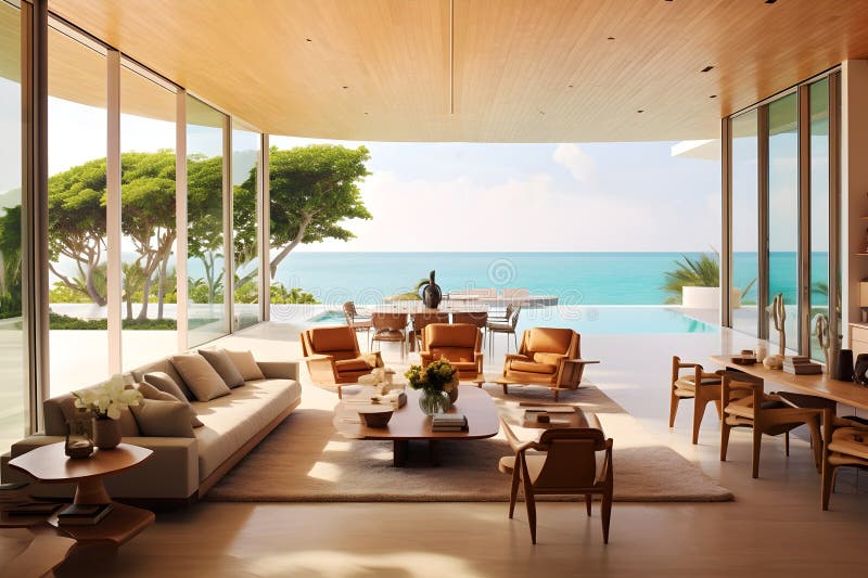 An Expansive, Well-lit Interior of a Beachfront Villa Stock ...