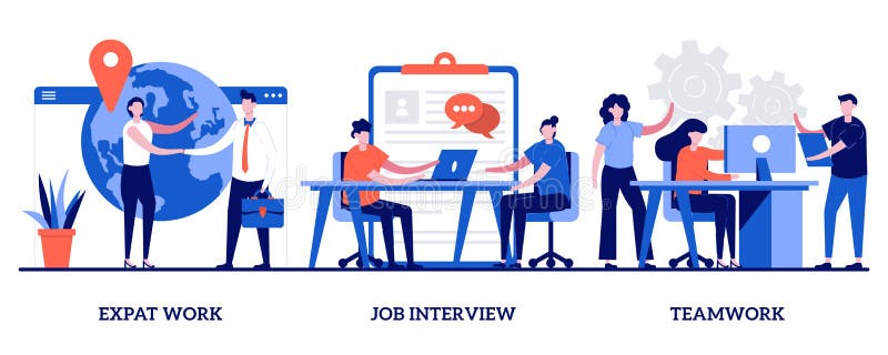 Expat Work, Job Interview, Teamwork Concept with Tiny People ... Expat Work, Job Interview, Teamwork Concept with Tiny People ...