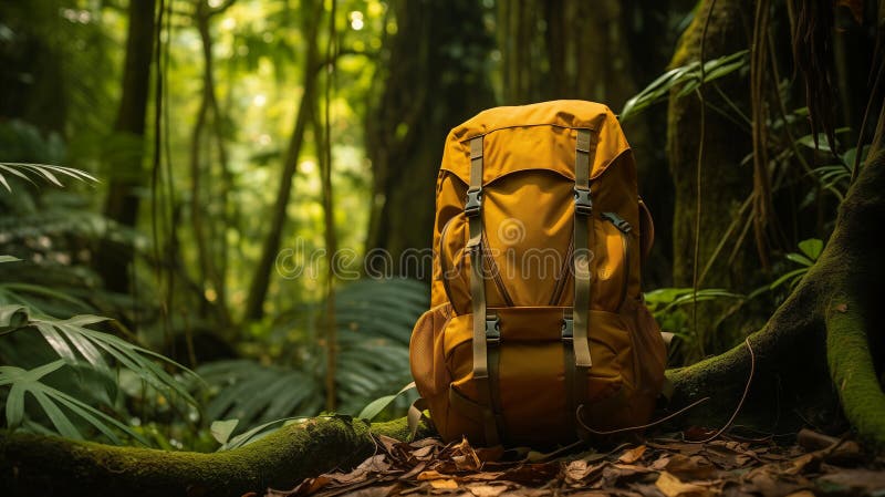 Expedition Backpack Stands in Exotic Forest Stock Image - Image of ...