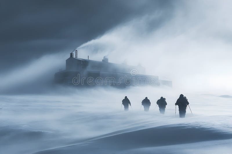 Expedition Group in Icy Blizzard Approaching Remote Arctic Research ...