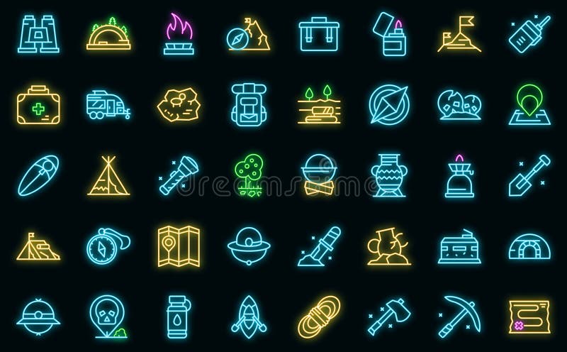 Expedition Icon Set Neon Vector Stock Illustration - Illustration of ...