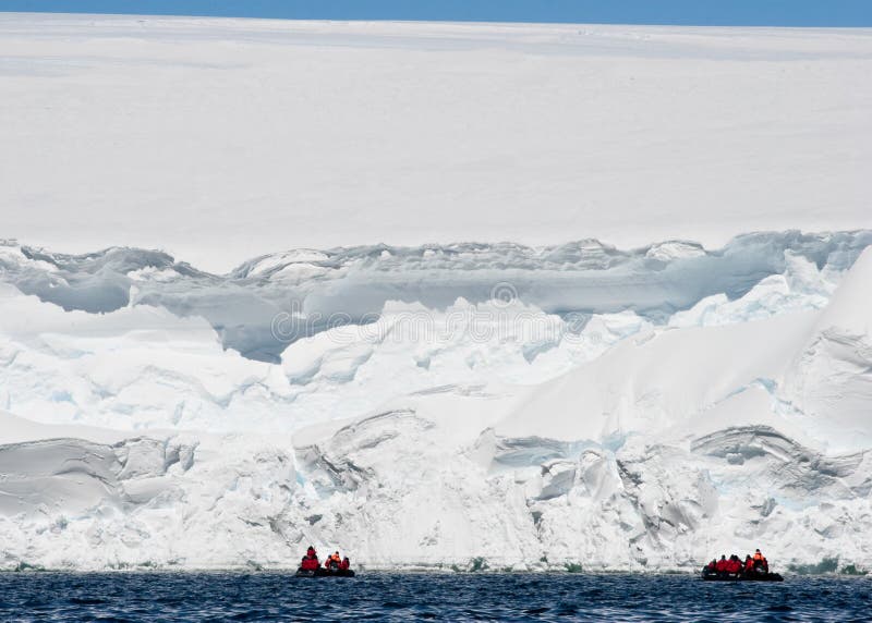 Expeditioners and Ice Cliff, Antarctica Stock Image - Image of zodiac ...
