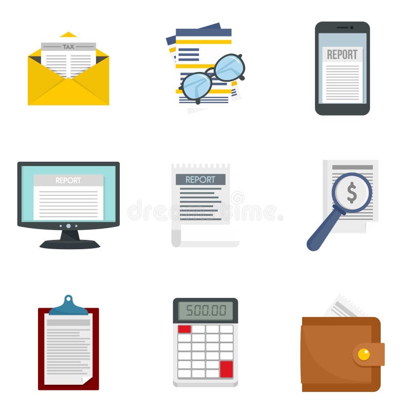 Expense Report Icon Set, Flat Style Stock Vector - Illustration of ...