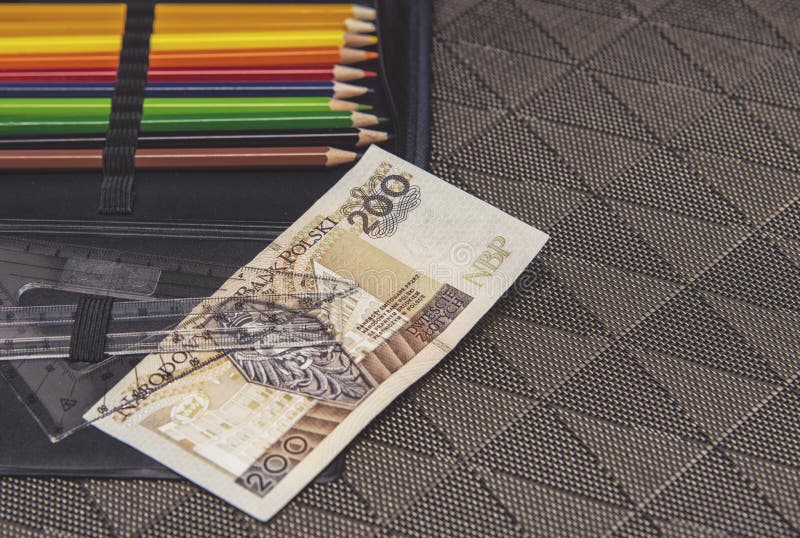 Expensive School Theme, Pencil Case with Polish Money Stock Image ...