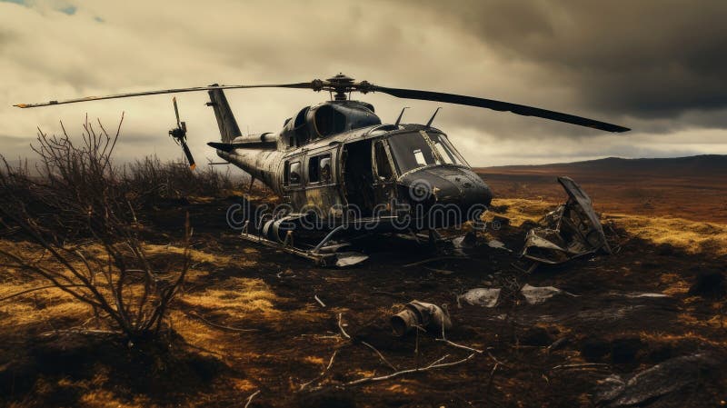 Wreckage Unveiled: Charred Remains of a Downed Helicopter Stock ...