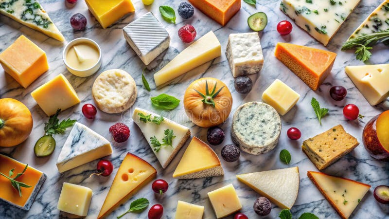 Exquisite Aerial View of a Gourmet Cheese Selection Displayed on a ...