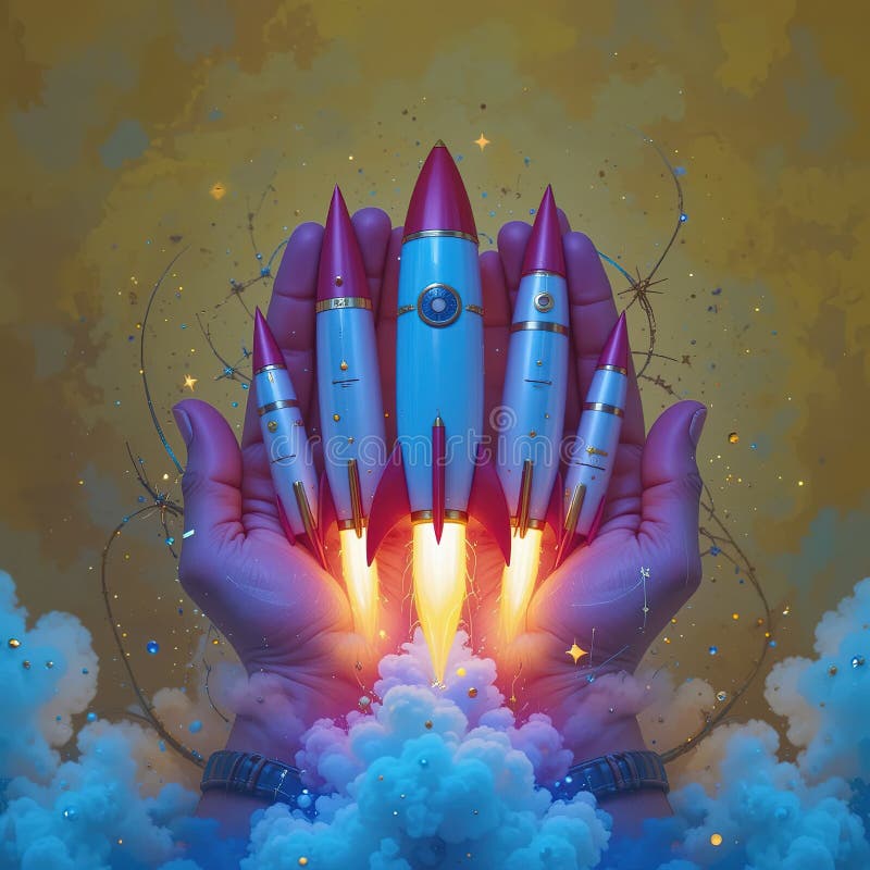 Panoramic Rocket Launch Illustration Futuristic Space Exploration Concept on a Vibrant Yellow ...