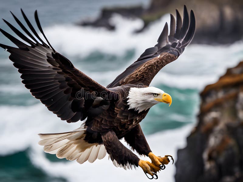 Majestic Bald Eagle in Flight Over Crashing Waves Stock Illustration ...