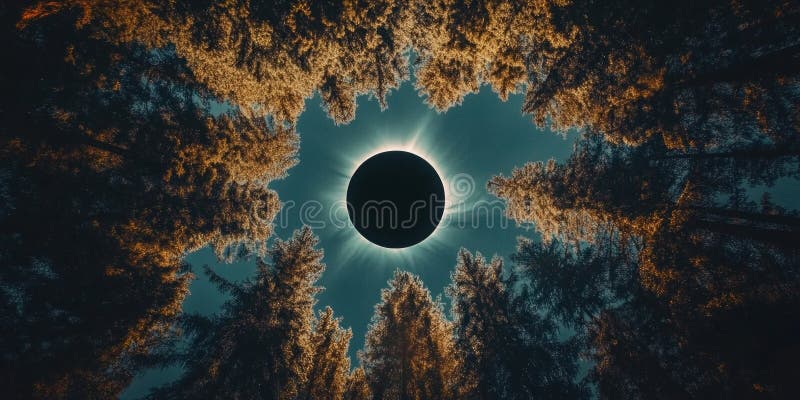 A Stunning View of a Solar Eclipse Framed by Tall Trees. the Darkened ...