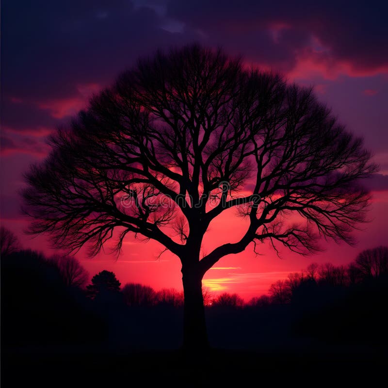 Glowing Ultraviolet Sunset Silhouette with Intricate Tree Branches ...