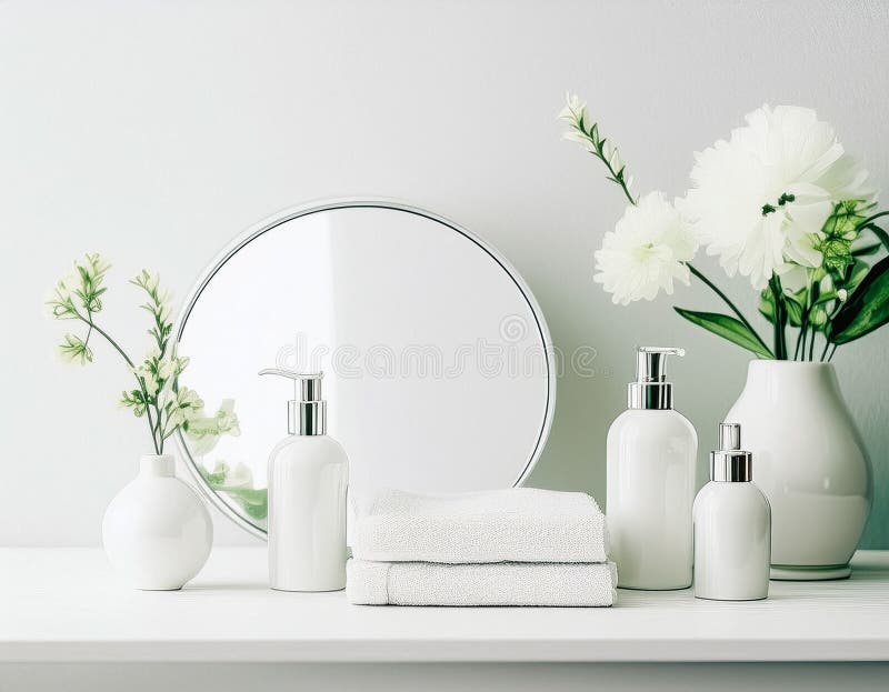 Radiant Elegance: Cosmetic Display in Soft Light Bathroom Setting Stock ...