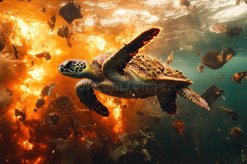 Sea Turtle Swimming through Surreal Underwater Explosion Scene in ...