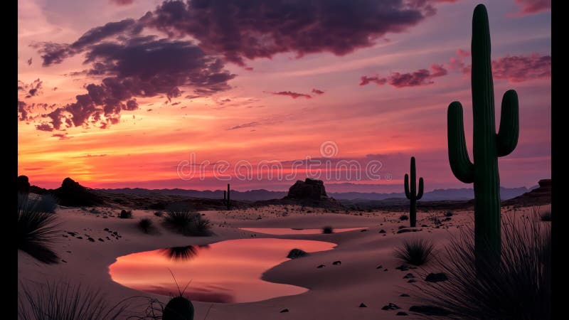 Striking Desert Landscape Under Sunset with Cacti and Unique Rocks ...