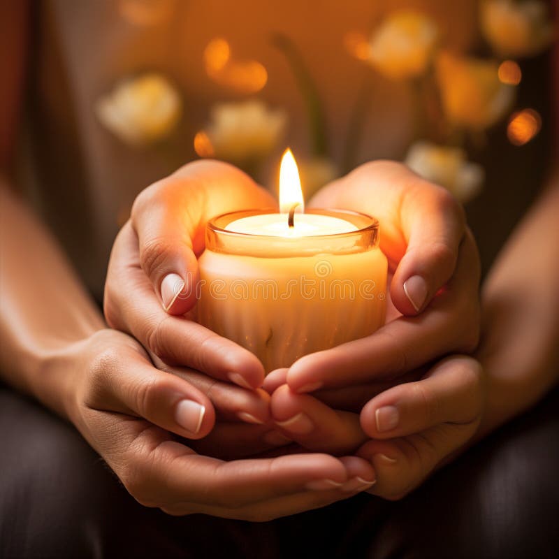 Two Hands Holding Lit Candles Stock Photo - Image of harmonious, flames ...