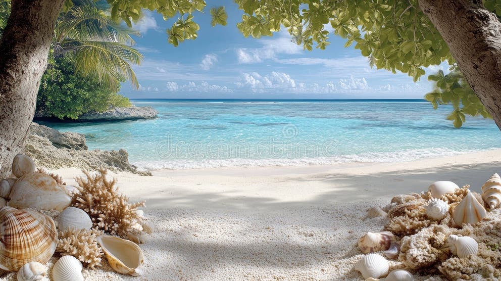 Experience a Breathtaking Beach Setup Featuring White Sand, Seashells ...