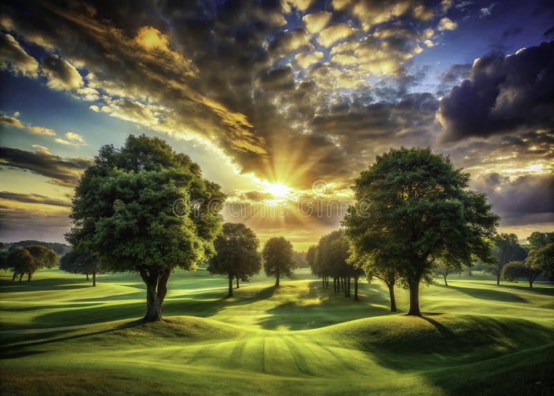 Surreal Double Exposure Golf Fairway Majestic Landscapes Merge in ...