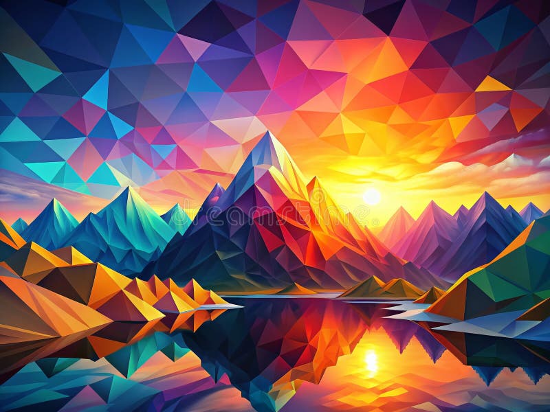 A Stunning Abstract Sunset Over a Geometric Mountain Range a Polygonal ...