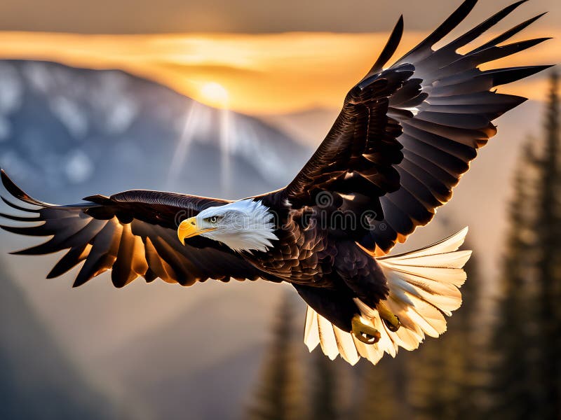 Majestic Bald Eagle Soaring Over Sunset Mountains High-Definition AI-Crafted Image Stock ...