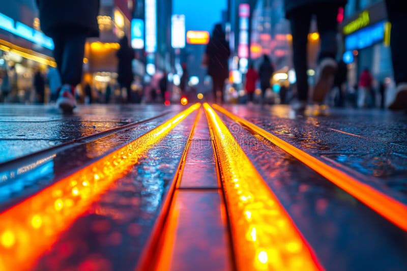 Nighttime Stroll: Illuminated Pedestrian Walkway Stock Illustration ...