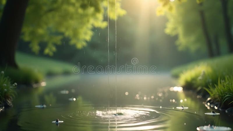 Gentle Rain Falling into a Peaceful Pond Surrounded by Lush Greenery ...