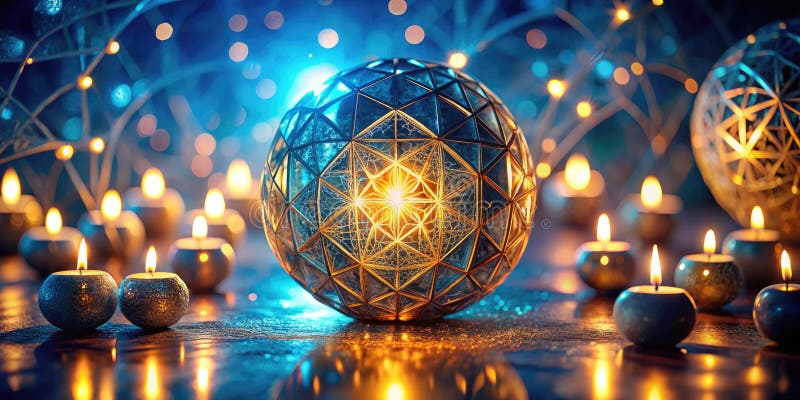 A Glowing BlueGold Sphere of Sacred Geometry Mystical Energy Radiates ...